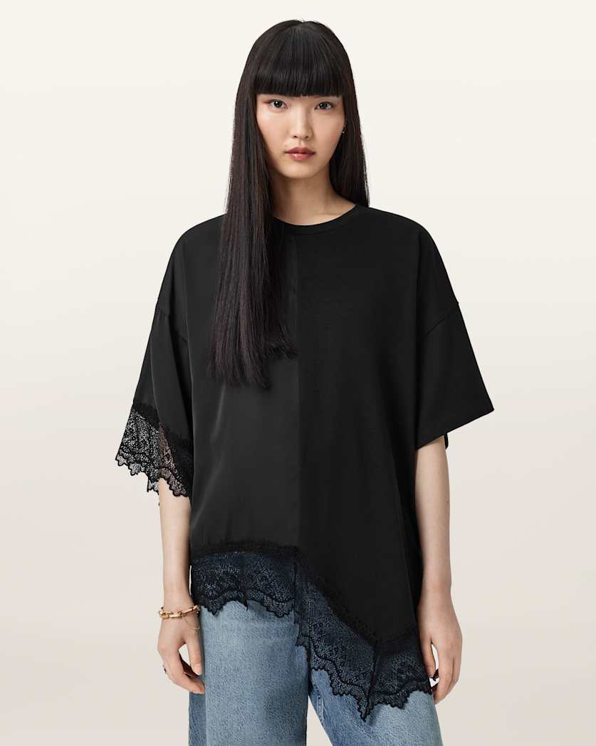 Lenny Short Sleeve Lace T-Shirt Black | ALLSAINTS